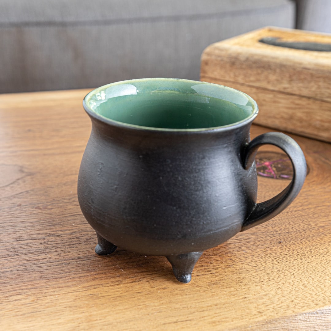 Cauldron Mug - Satin Black With Green Glaze Interior - Etsy