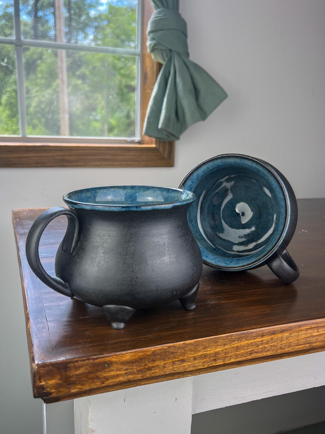 Set of Two Cauldron Mugs - Satin Black With Blue Glaze Interior - Etsy