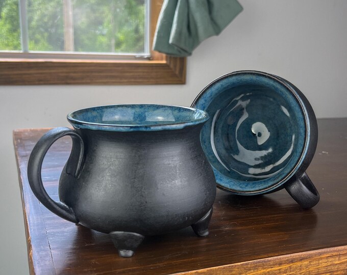 Set of Two Cauldron Mugs - Satin Black With Blue Glaze Interior - Etsy