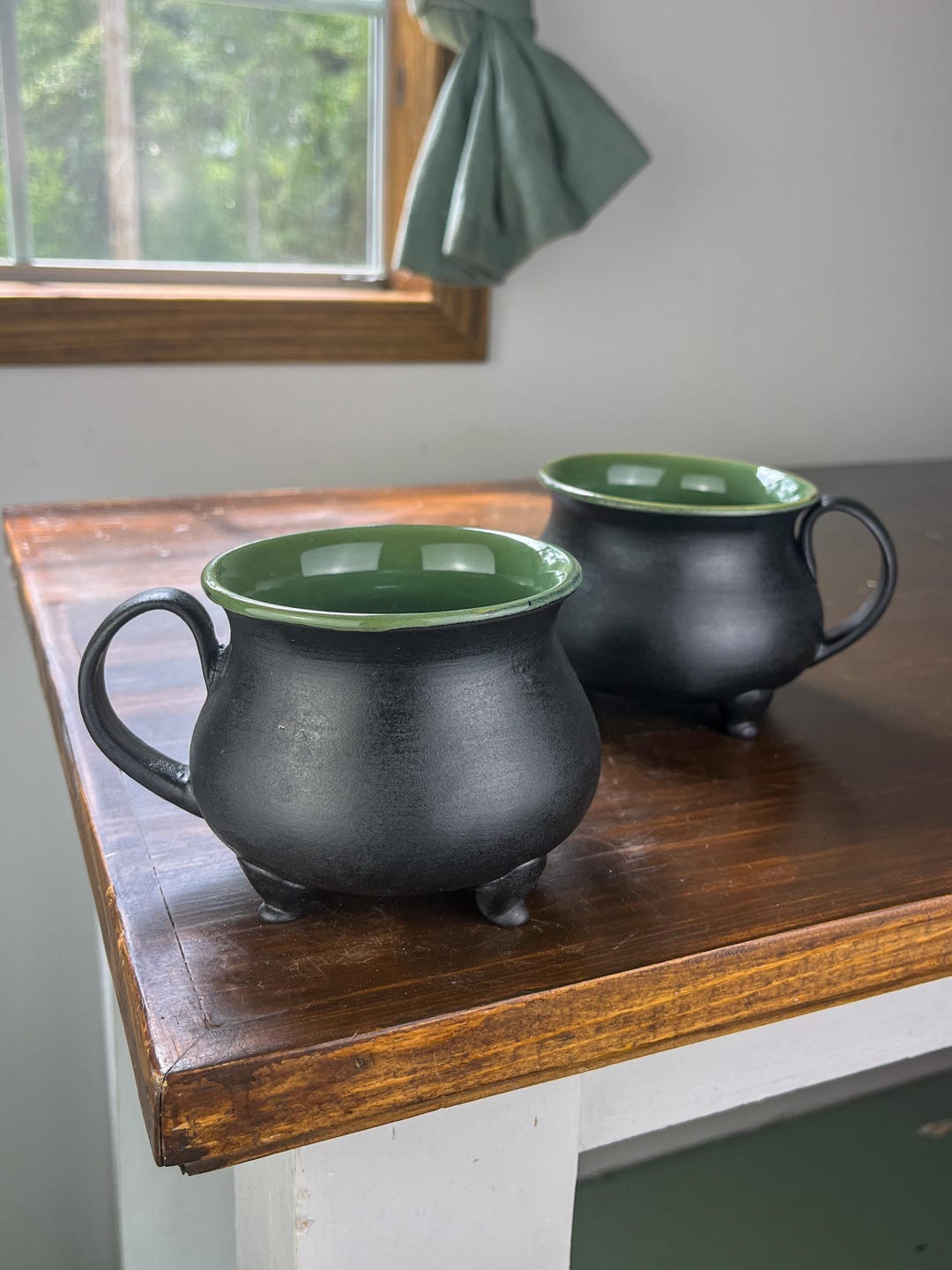 Set of 2 Cauldron Mugs - Satin Black With Green Glaze Interior - Etsy