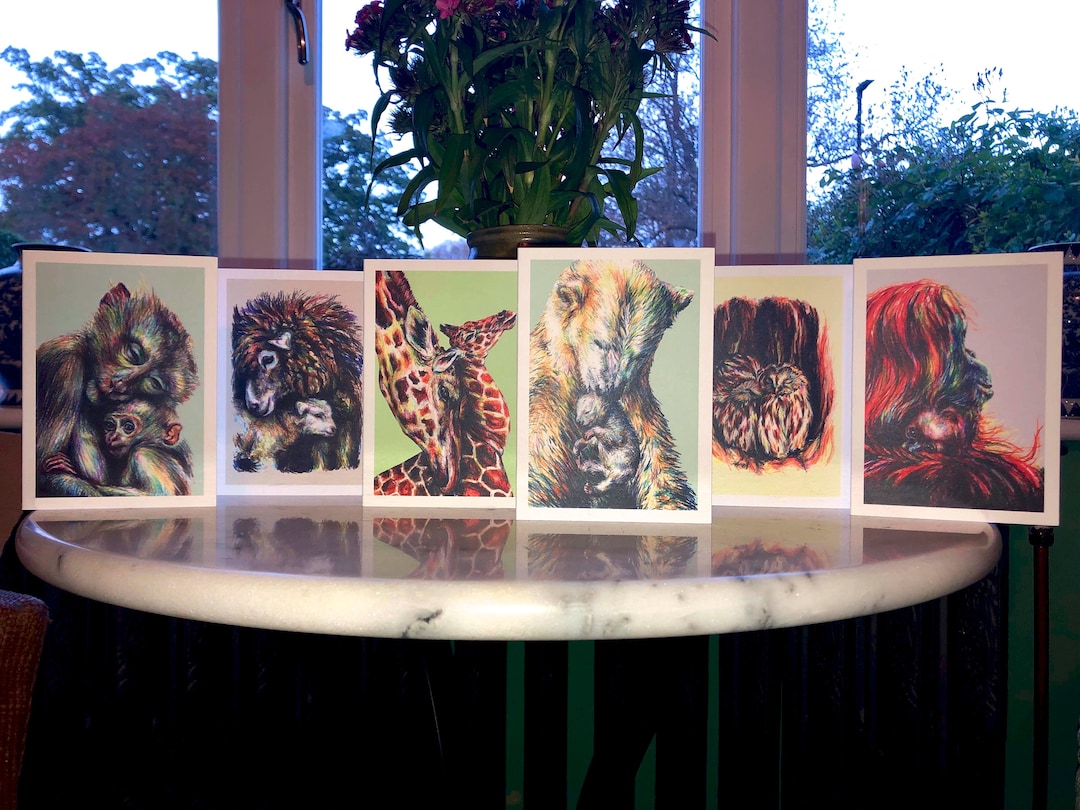 Set of Six Greeting Cards/animal Cards/printed on 100% Recycled Card ...