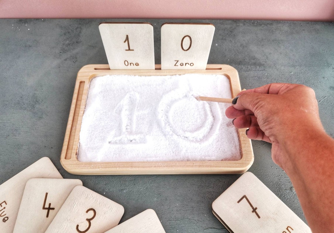 Montessori Learning Tray Set Wooden sand tray Wooden number | Etsy