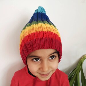 Childs Rainbow Stripe Pixie Hat, Rainbow Knitted Hat, Multi Coloured ...