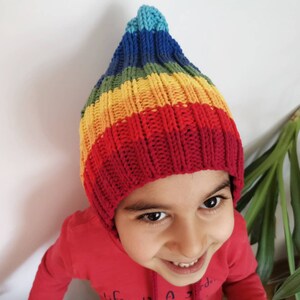 Childs Rainbow Stripe Pixie Hat, Rainbow Knitted Hat, Multi Coloured ...