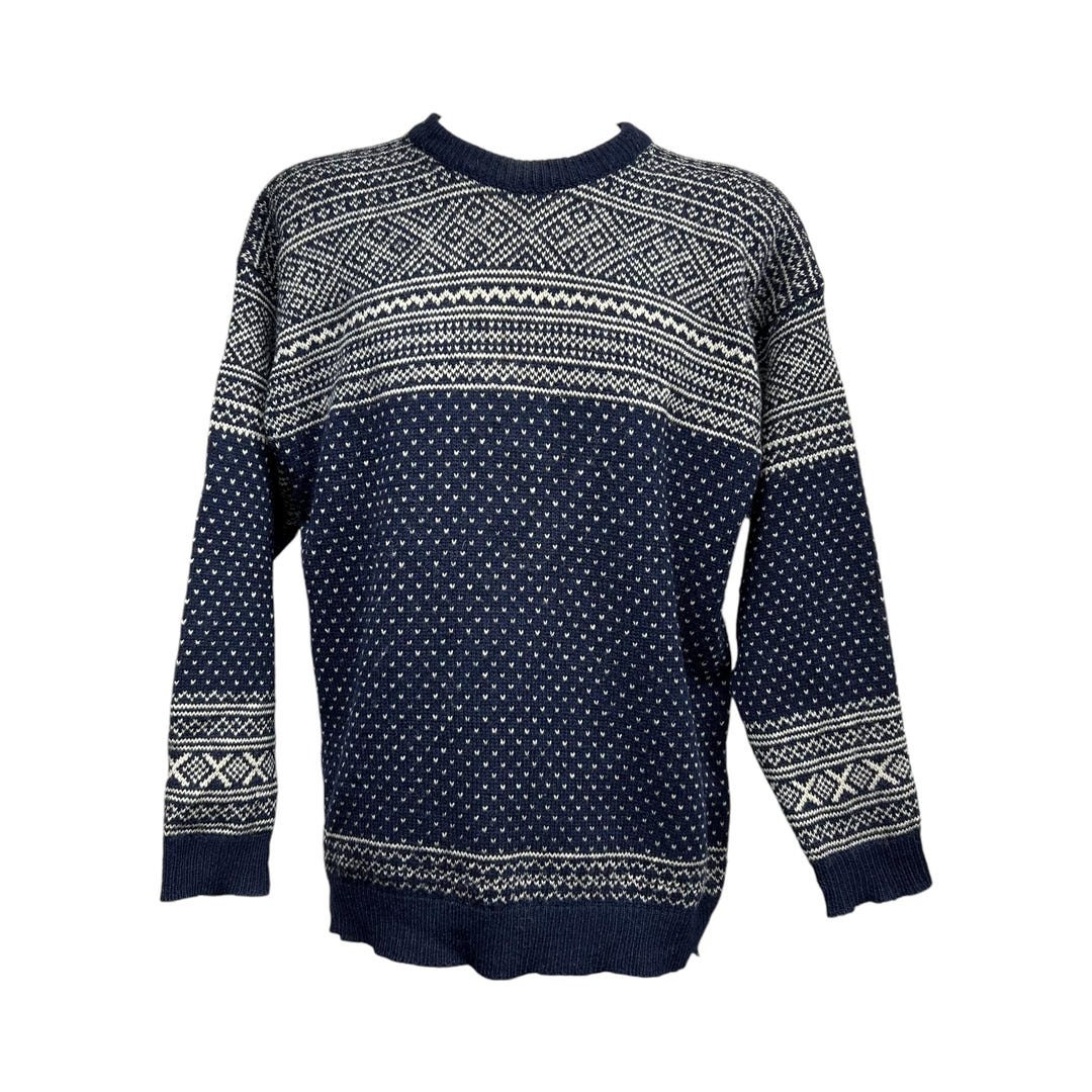Vintage Bouviac Nordic Fair Isle Navy Blue White Wool Knit Heavy ...
