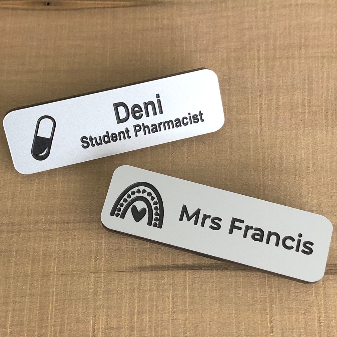 Personalised Name Badge: Silver Metallic Look, Custom Made, Magnet or ...