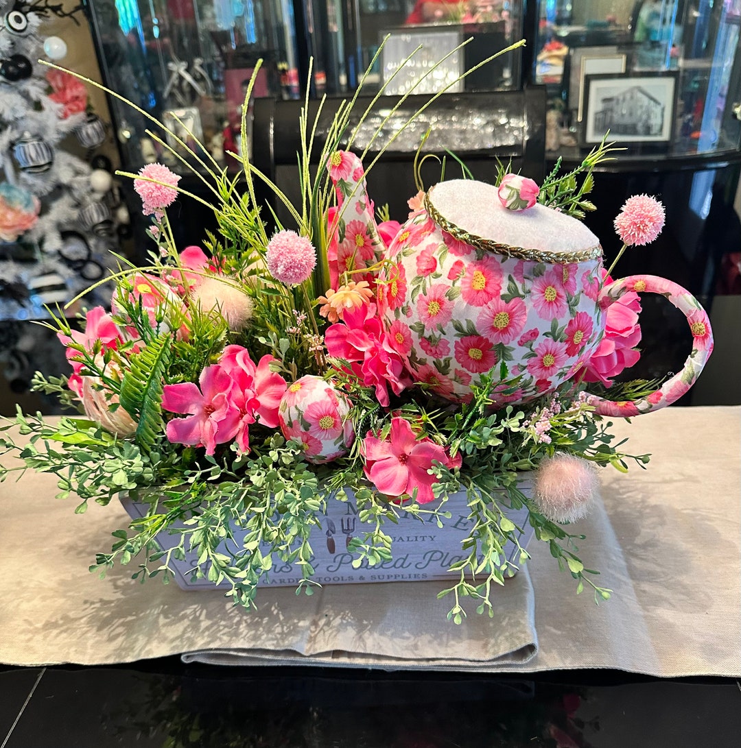 Pink Table Centerpiece, Tea Pot Centerpiece, Flower Centerpiece, Pink ...
