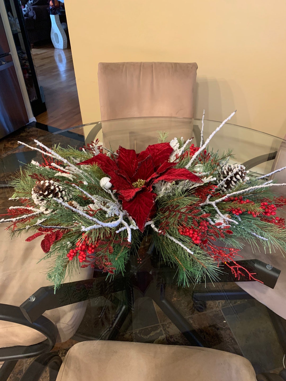 Christmas Table Centerpiece, Table Swag, Poinsettias Centerpiece, Table ...