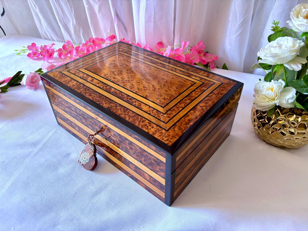 Wooden Jewelry Box Made of Burl Wood 12"x8",large Jewelry Box Hand ...