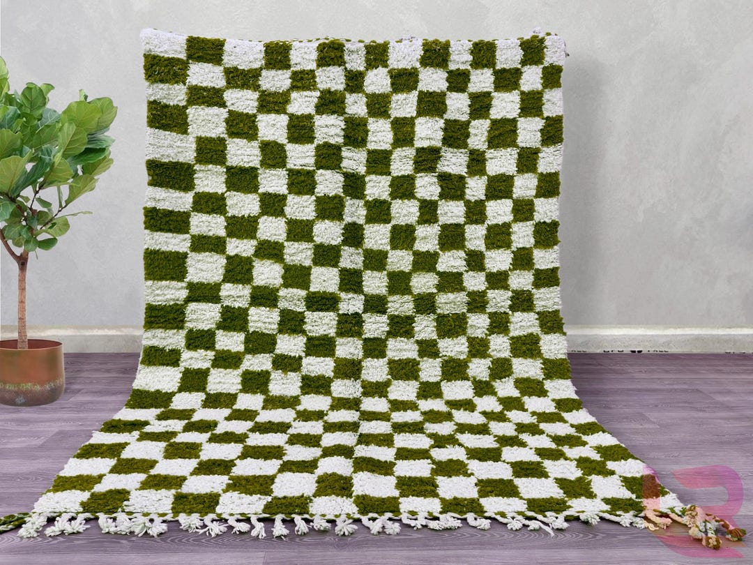 Olive Green Checkered Moroccan Rug – Handmade Beni Ourain Wool Carpet ...