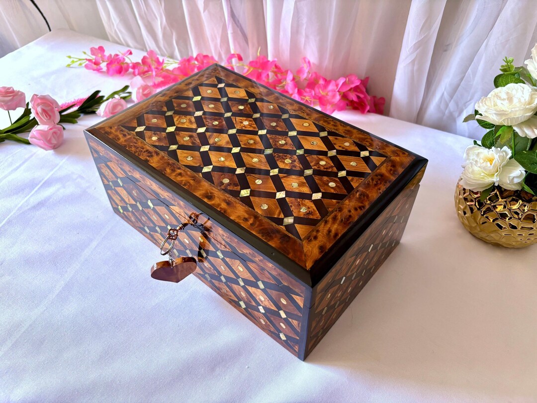 Large Handmade Keepsake Jewelry Box 12"x8", Moroccan Hand Carved Thuya ...