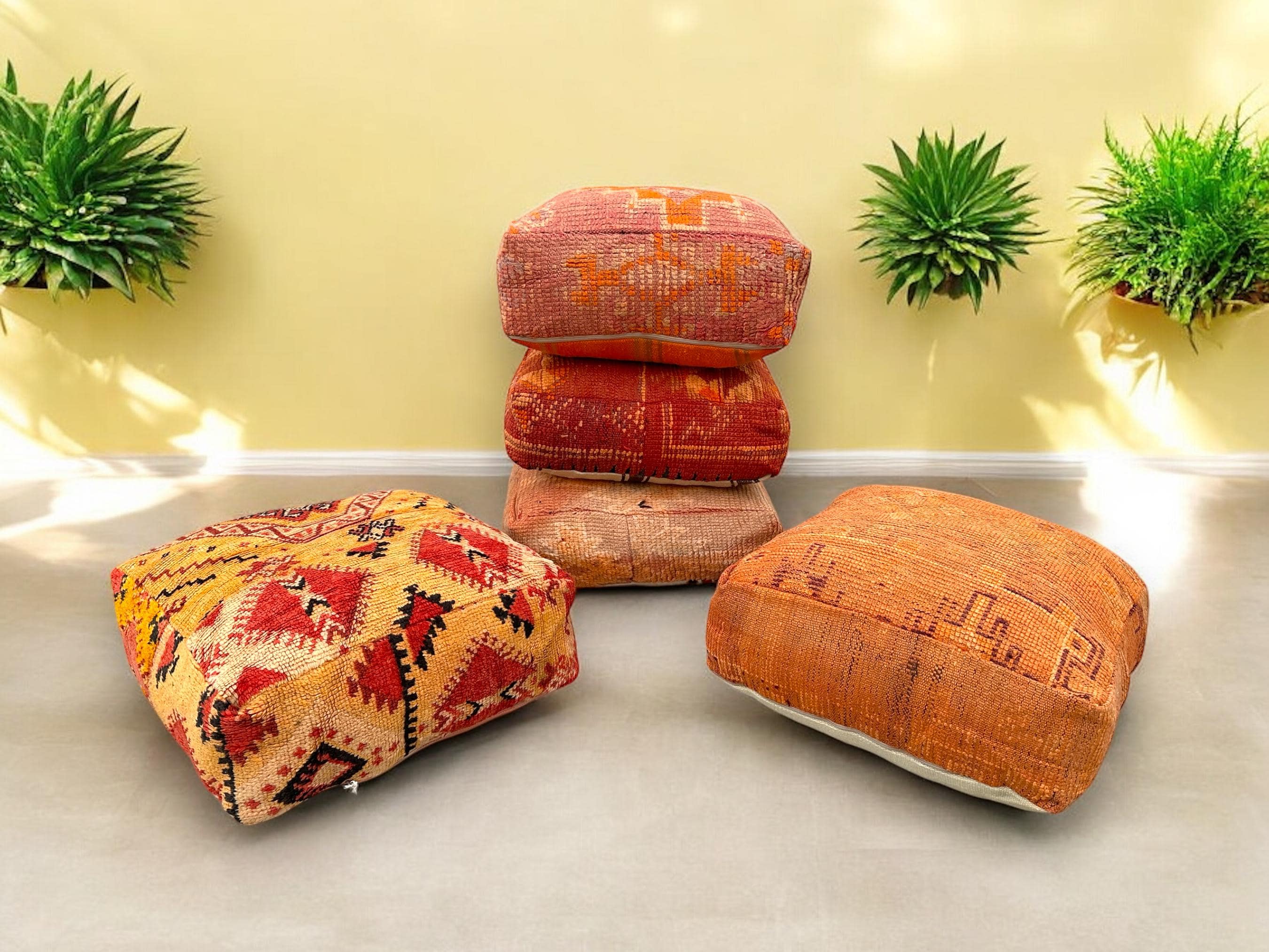 Set of Pouf, Moroccan Kilim Pouf Floor Pouf Vintage Ottoman Square Pouf ...