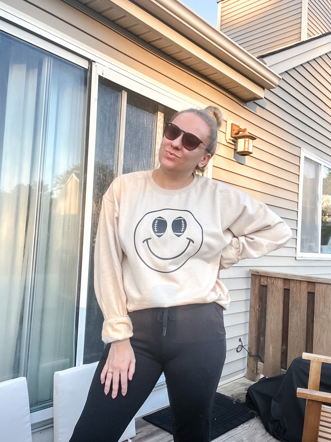 SMILEY FOOTBALL FACE Sand Crew Neck Football Fan Girlie - Etsy