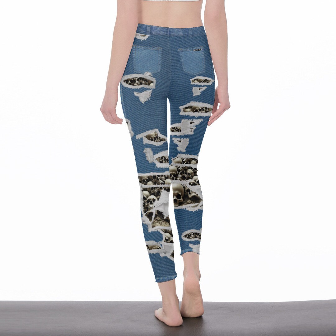WAVEMAKO Ripped Skull Yoga Pants Denim Stretch Workout Leggings Dark ...