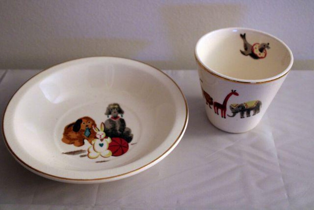 Vintage Children's Bowl & Cup - Crazing on Both Items - Animal Pattern ...