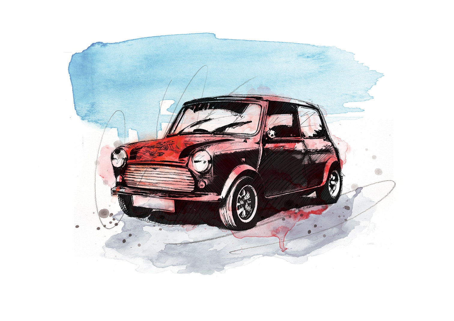 Mini Cooper Classic Car Art Print Illustration Drawing | Etsy