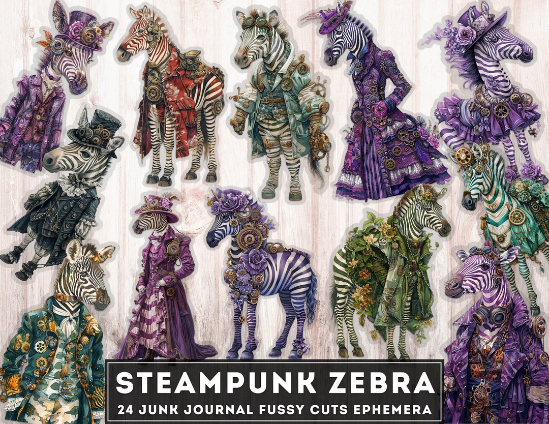 Steampunk Zebra Clipart & Ephemera, Vintage Zebra Fussy Cuts, Junk ...