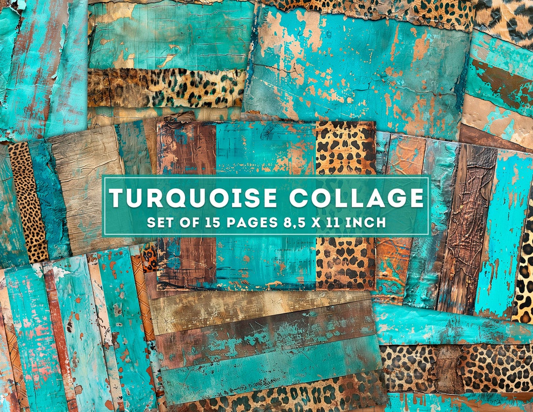 Turquoise Animal Collage Digital Paper: Junk Journal Scrapbook (instant ...