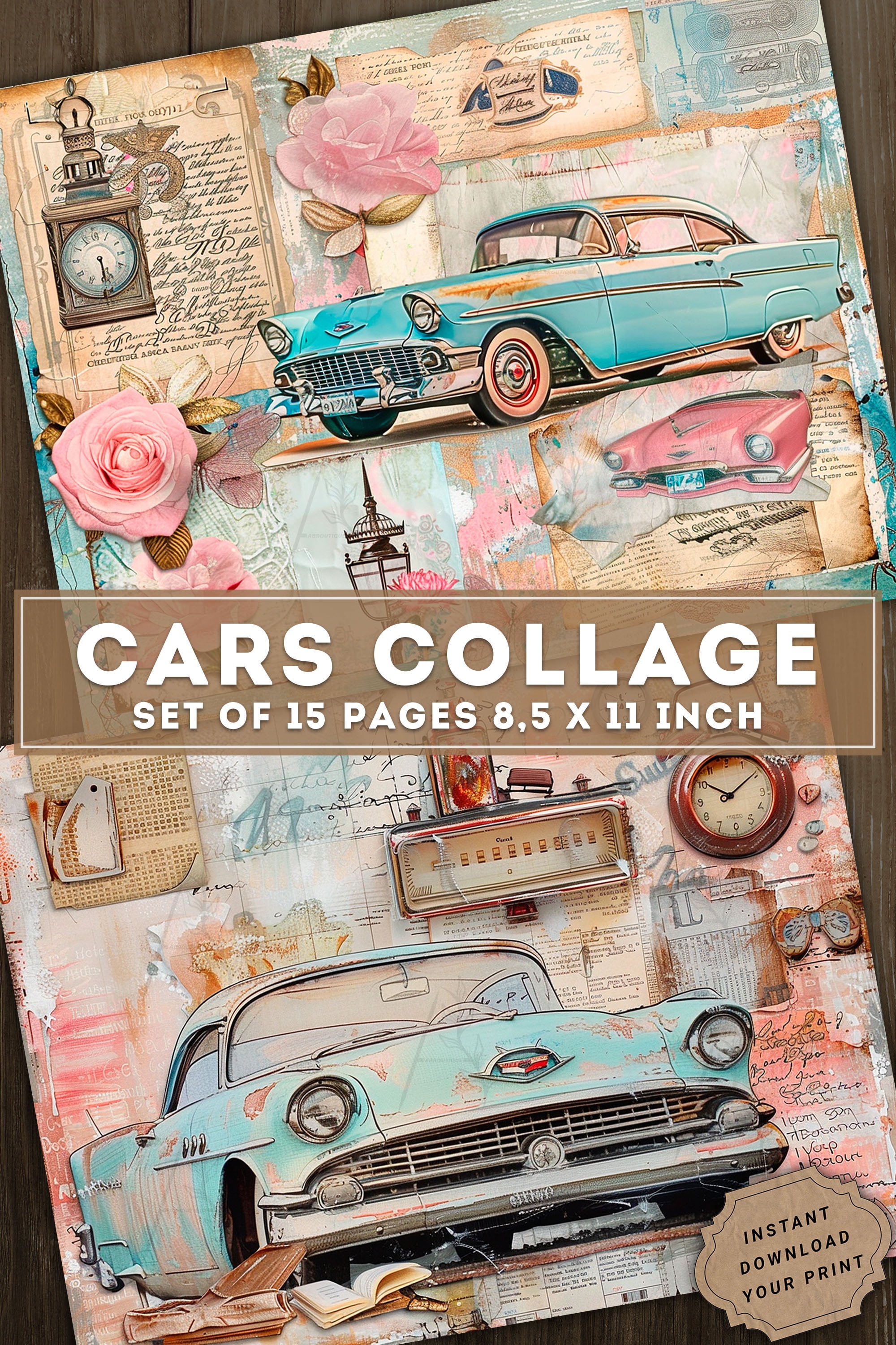 Cars Collage Paper, Vintage Cars Art Paper, Junk Journal, Cars Ephemera ...