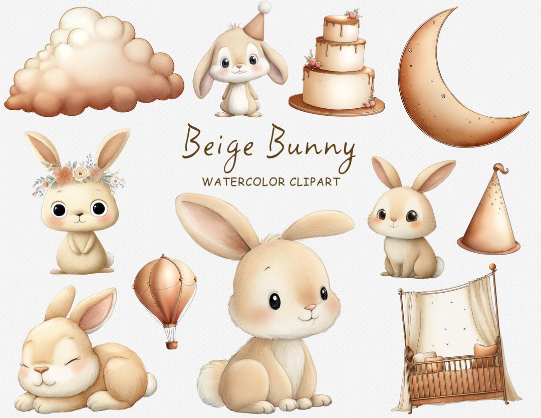 Beige Rabbit Nursery Clipart, Watercolor Bunny Graphics, Beige Hare ...