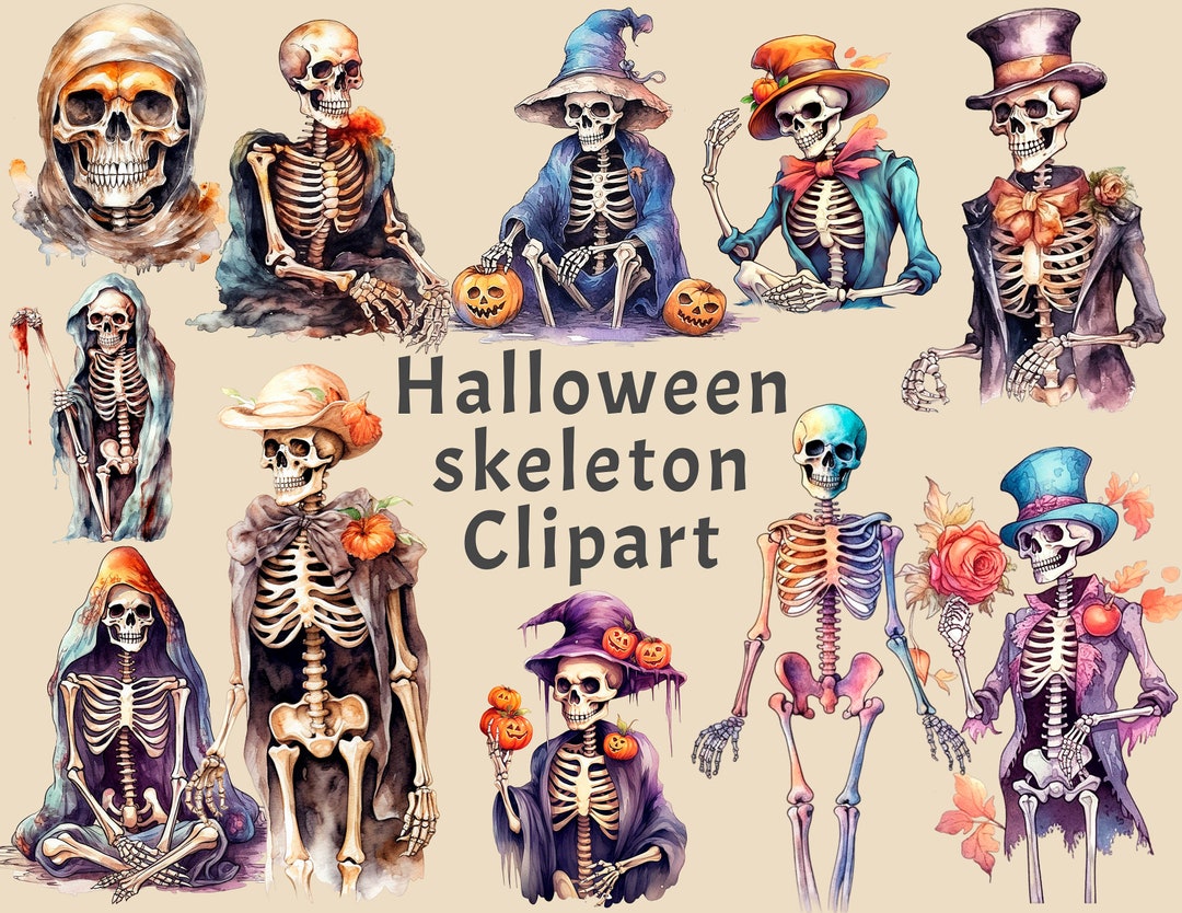 Watercolor Skeleton Clipart, 18 PNG Halloween Digital Bundle, Scary ...