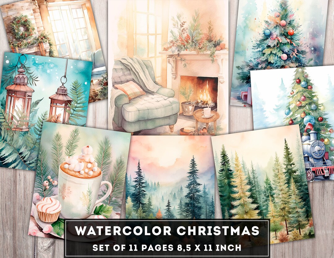 Watercolor Christmas Digital Paper, 11 JPG Images PDF, Junk Journal ...