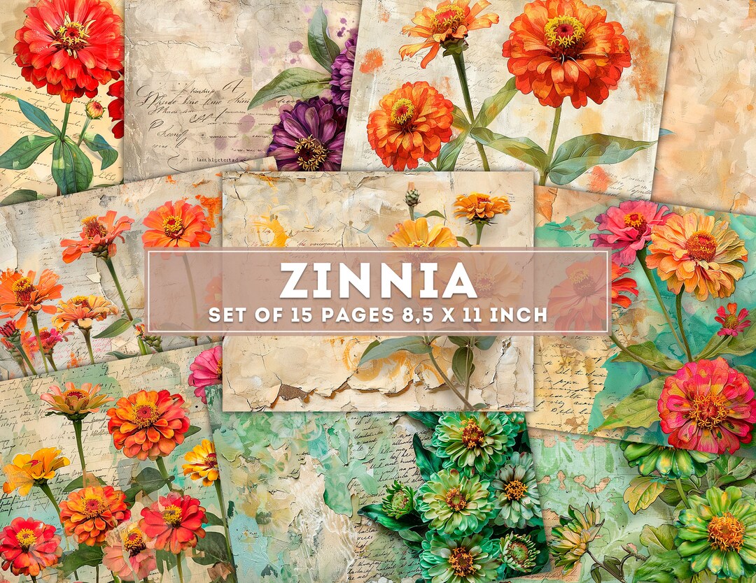 Zinnia Collage, Junk Journal Kit, Colorful Vintage Flowers Paper ...