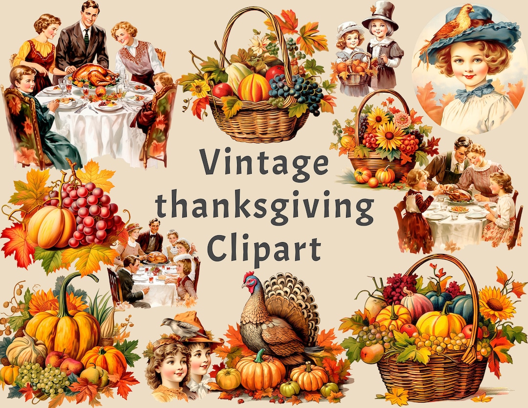 Vintage Thanksgiving Day Clipart, 12 PNG Retro Autumn Digital Bundle ...