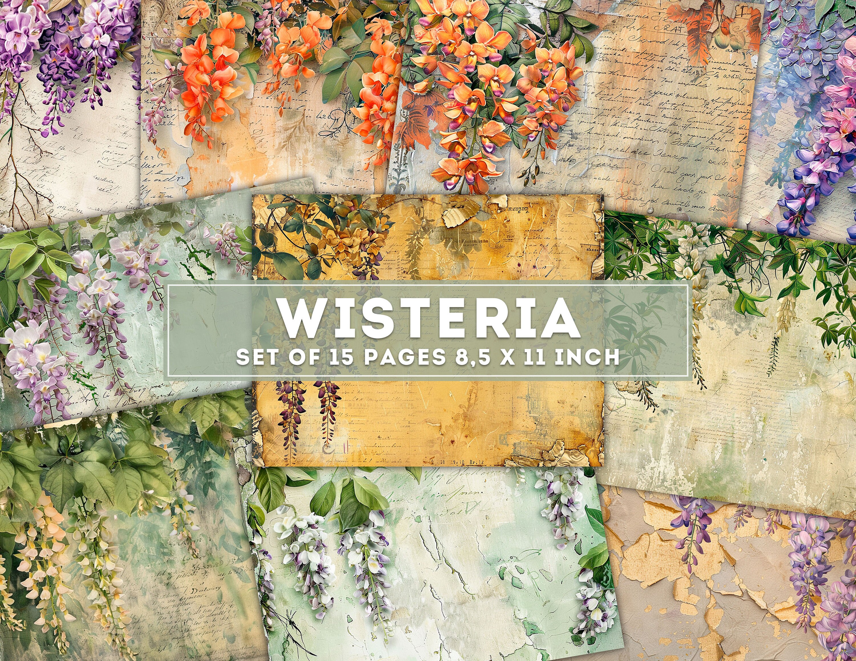 Wisteria Collage, Junk Journal Kit, Colorful Vintage Flowers Paper ...