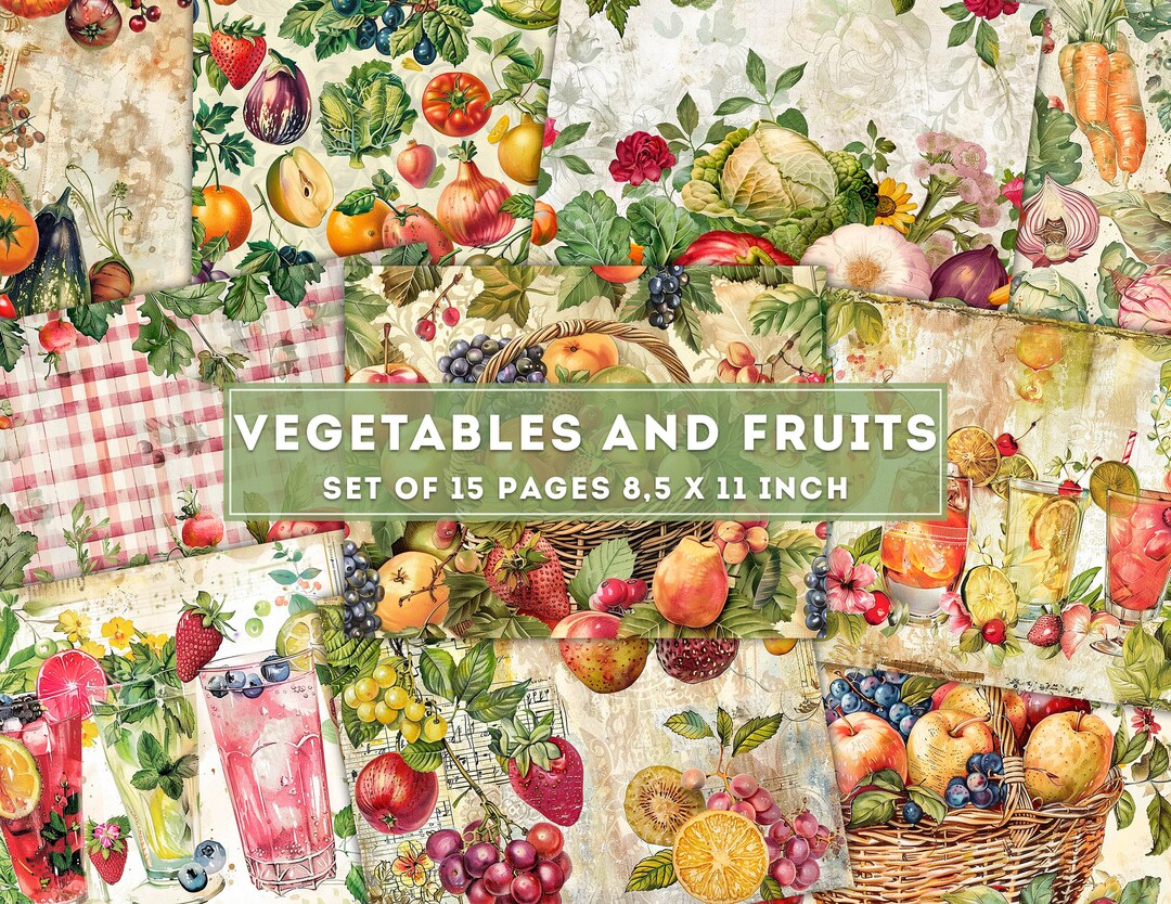Vegetables and Fruits Collage Paper, Junk Journal Kit, Colorful Paper ...