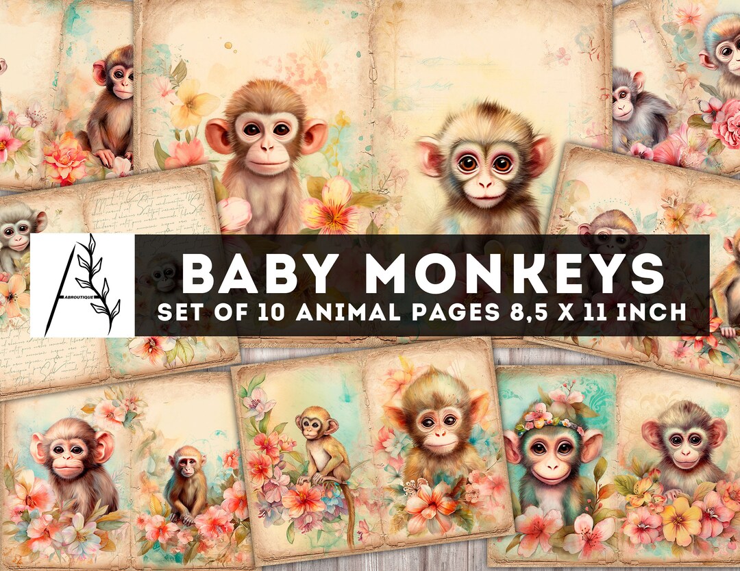 Baby Monkeys Junk Journal Kit, Vintage Young Ape Paper, Digital ...