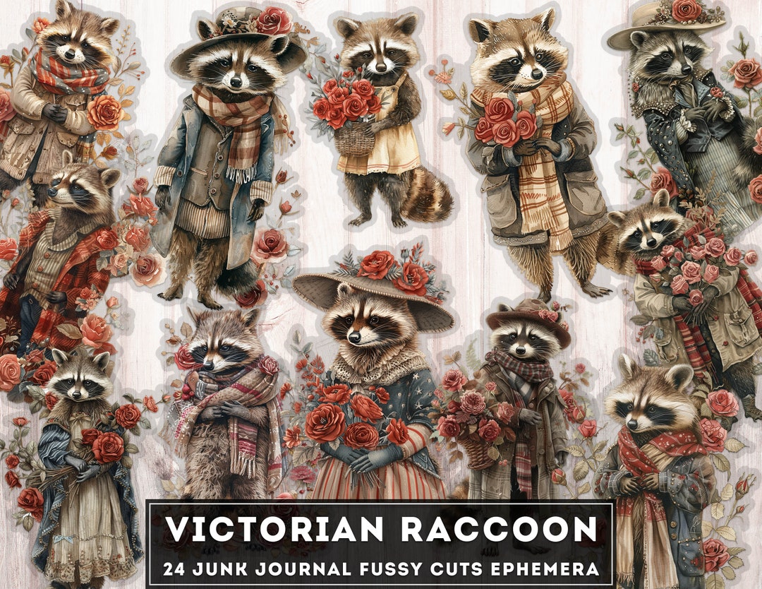 Victorian Raccoon Clipart & Ephemera, Vintage Fussy Cuts, 24 PNG Fairy ...