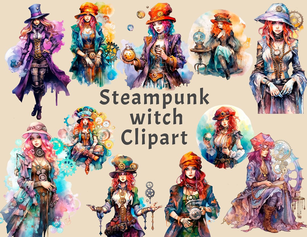 Steampunk Witches Clipart, 12 PNG Watercolor Wizard Bundle, Steampunk ...