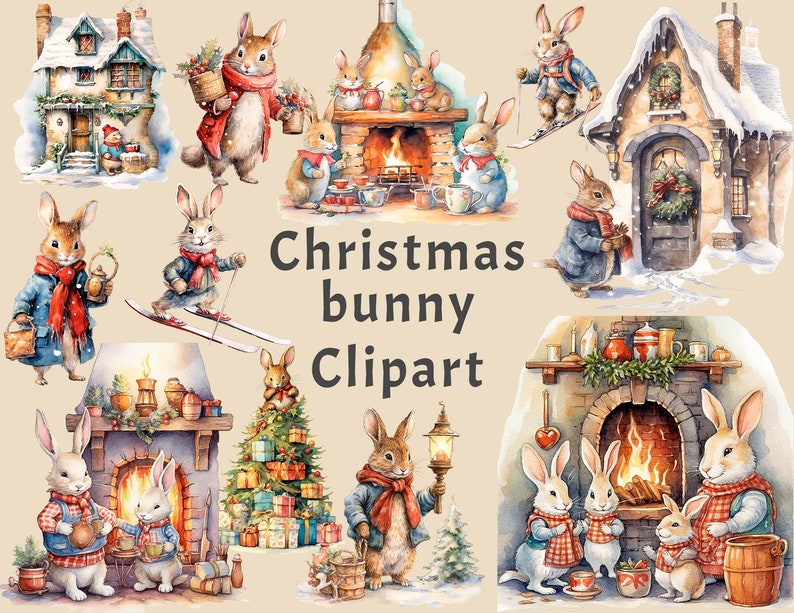 Christmas Bunny, Winter Rabbit, 12 PNG Christmas Clipart Bundle ...