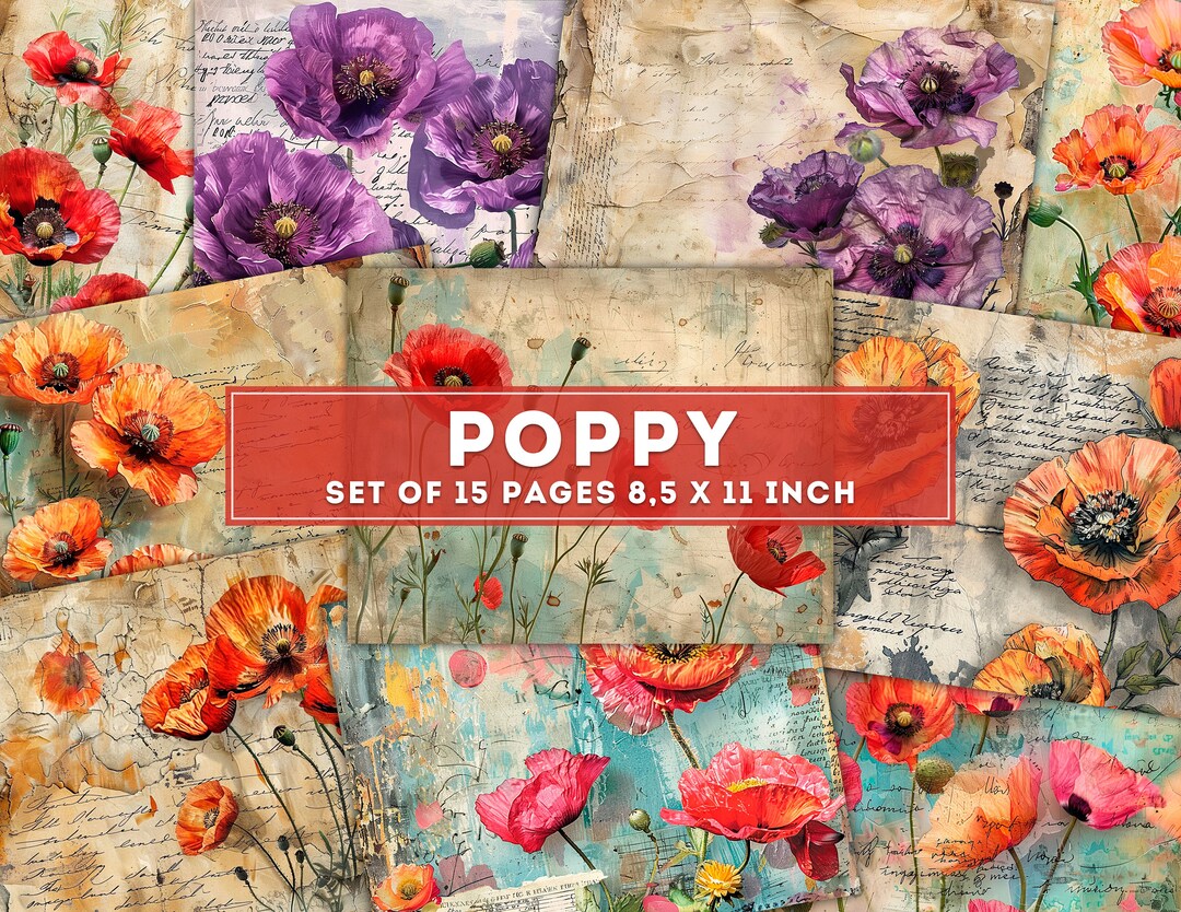 Poppy Collage, Junk Journal Kit, Colorful Vintage Flowers Paper, Floral ...