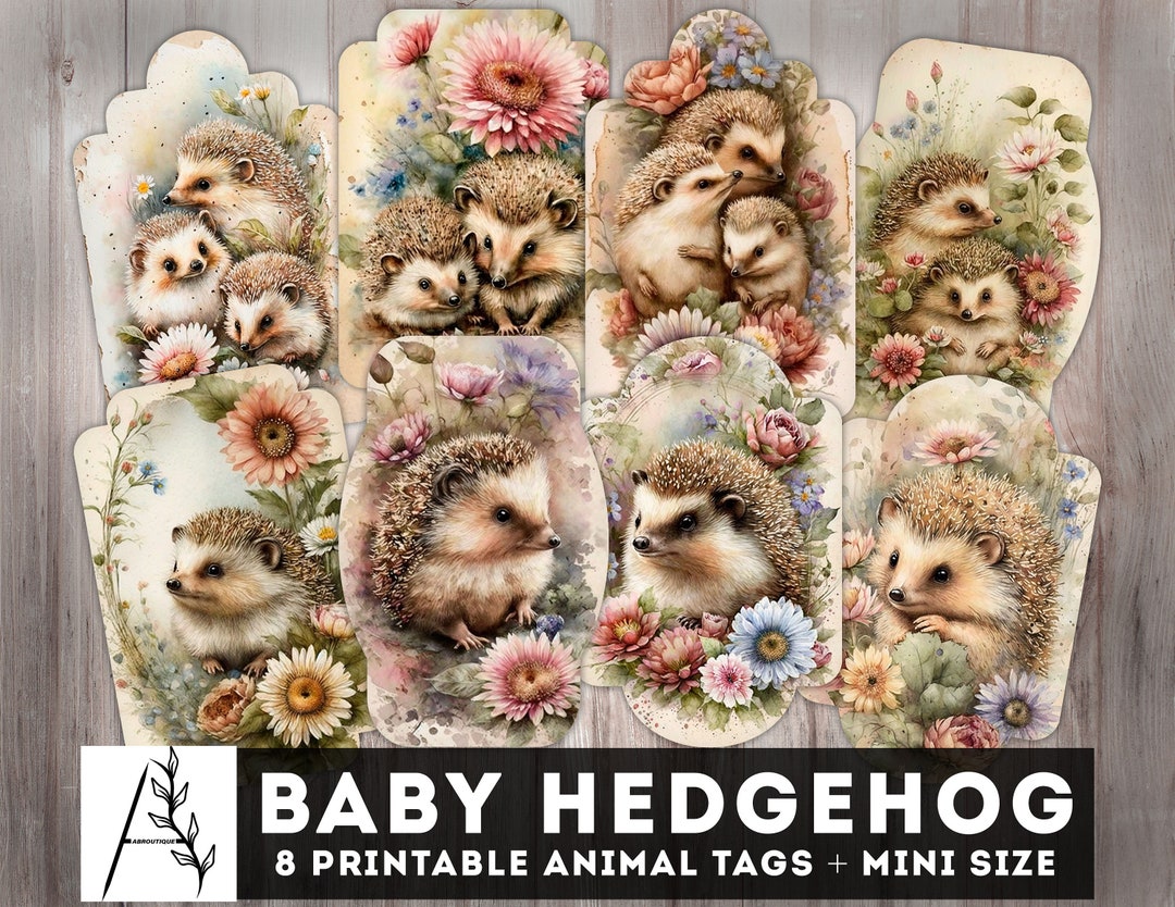 Baby Hedgehog Junk Journal Tags, Vintage Hedgehog Tag, Digital ...