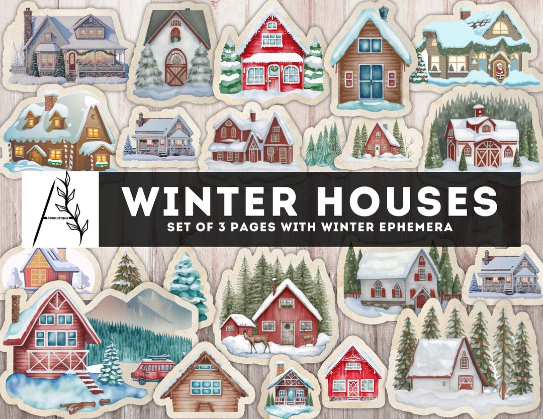 Winter Houses, Printable Christmas Houses, Fussy Cut Xmas Ephemera ...