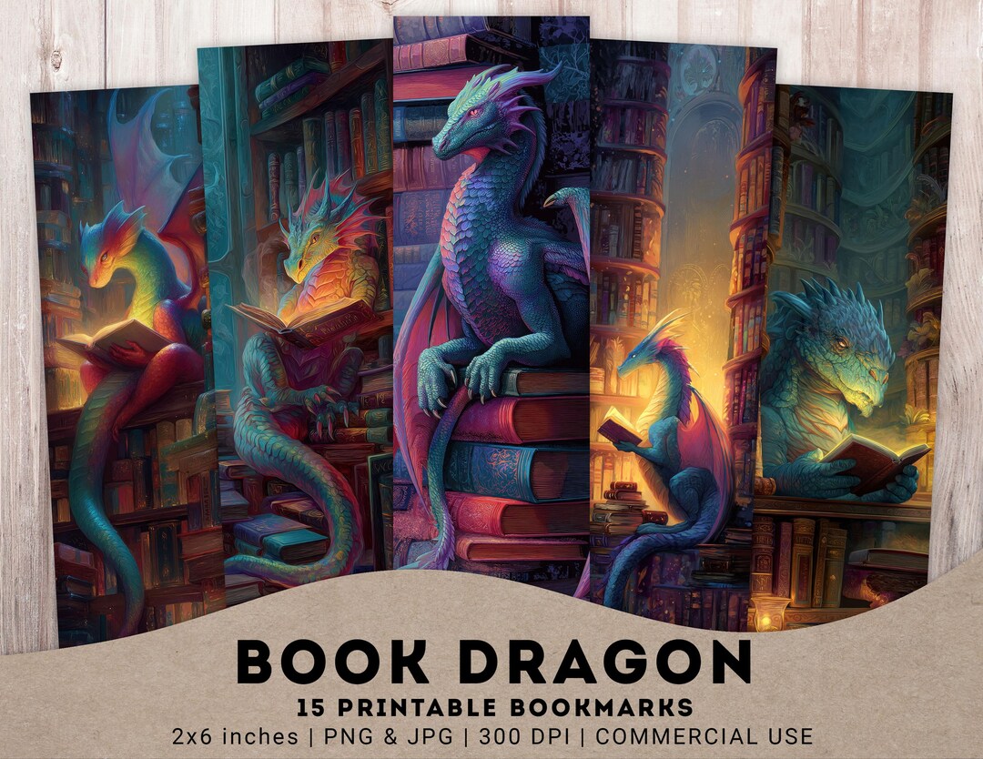 Book Dragon Bookmarks, 15 PNG Printable Fantasy Book Decor, Dragons and ...