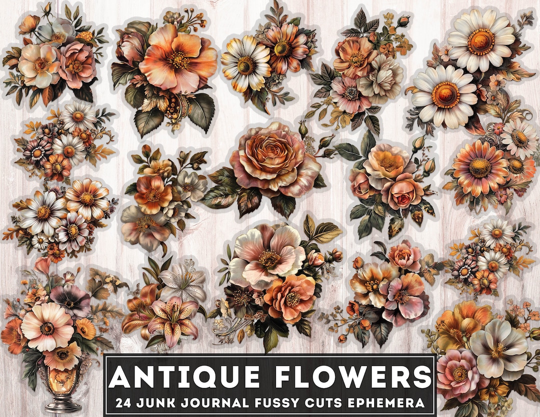 Antique Flowers Ephemera, Floral Fussy Cuts, 24 PNG Flowers Clipart ...