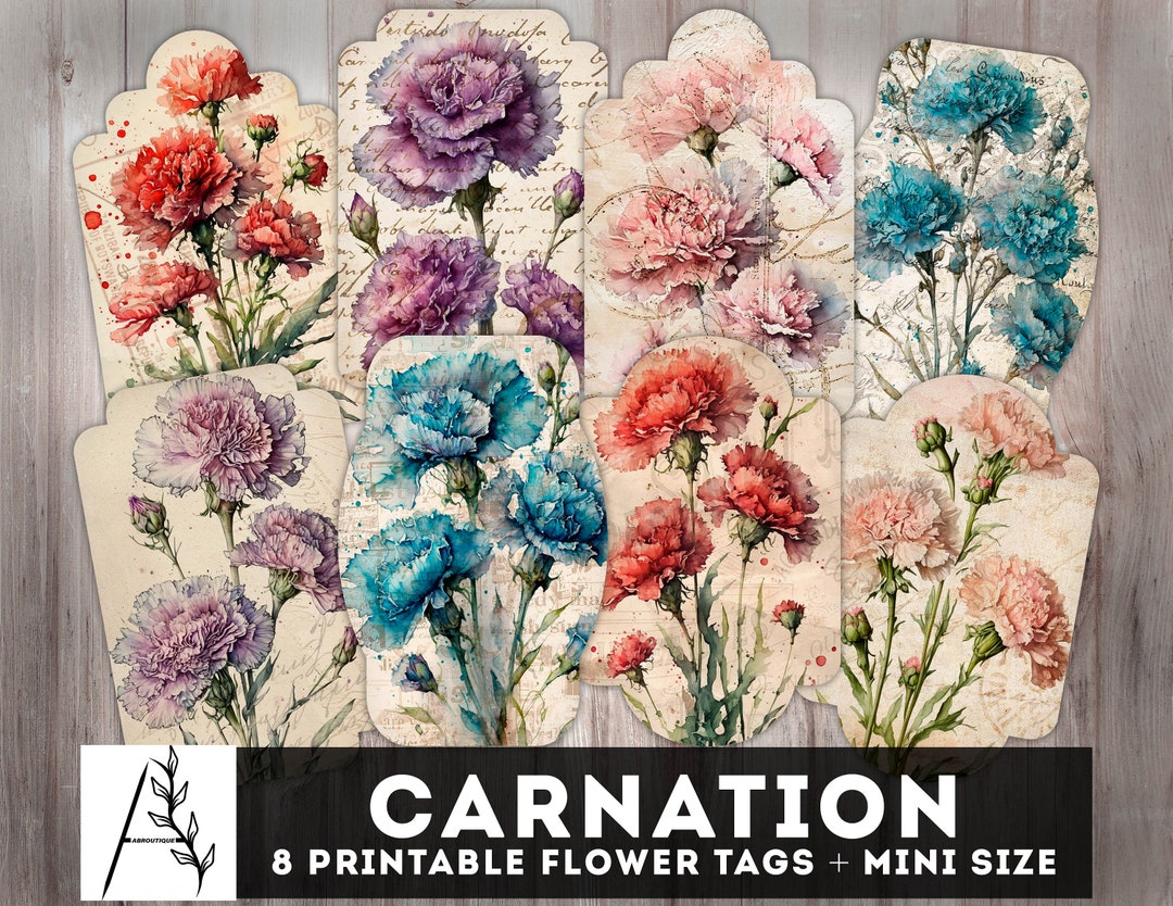 Carnation Tags, Floral Journaling Labels, Junk Journal Tags, Flowers ...