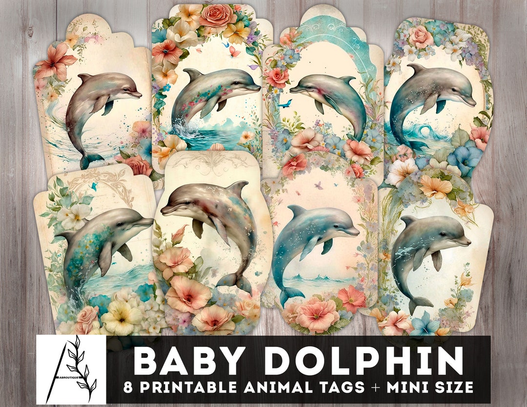 Baby Dolphin Junk Journal Tags, Vintage Dolphin Tag, Journaling Labels ...