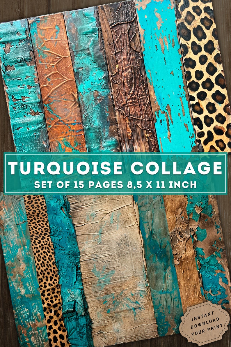Turquoise Animal Collage Digital Paper: Junk Journal Scrapbook (instant ...