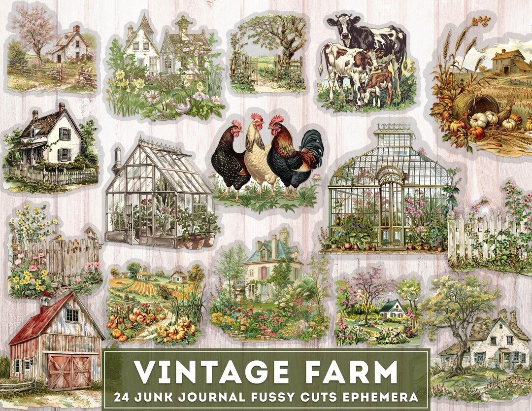 Vintage Farm Clipart - 24 PNG Clipart Bundle + JPG Ephemera, Vintage ...
