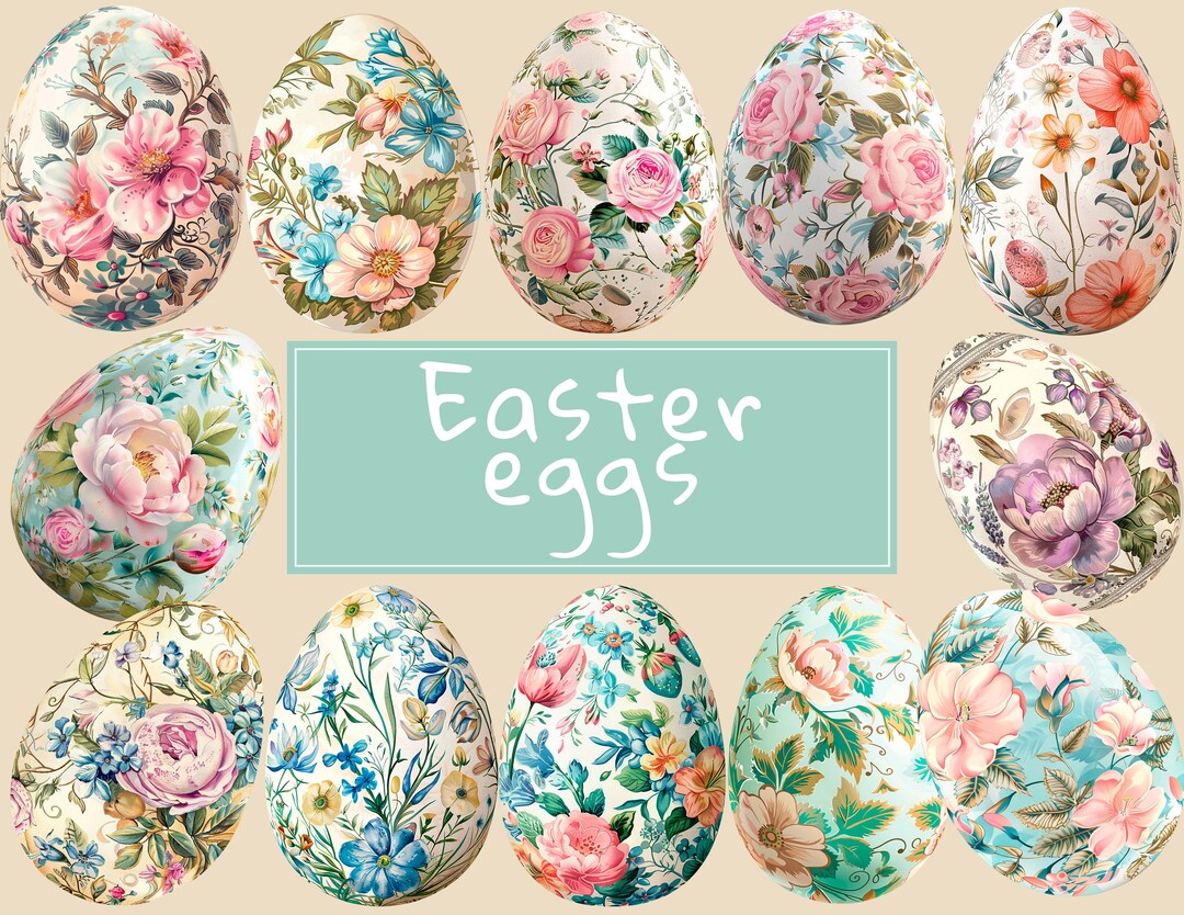 Easter Eggs Clipart, 20 PNG Floral Eggs Bundle, Easter Printables ...