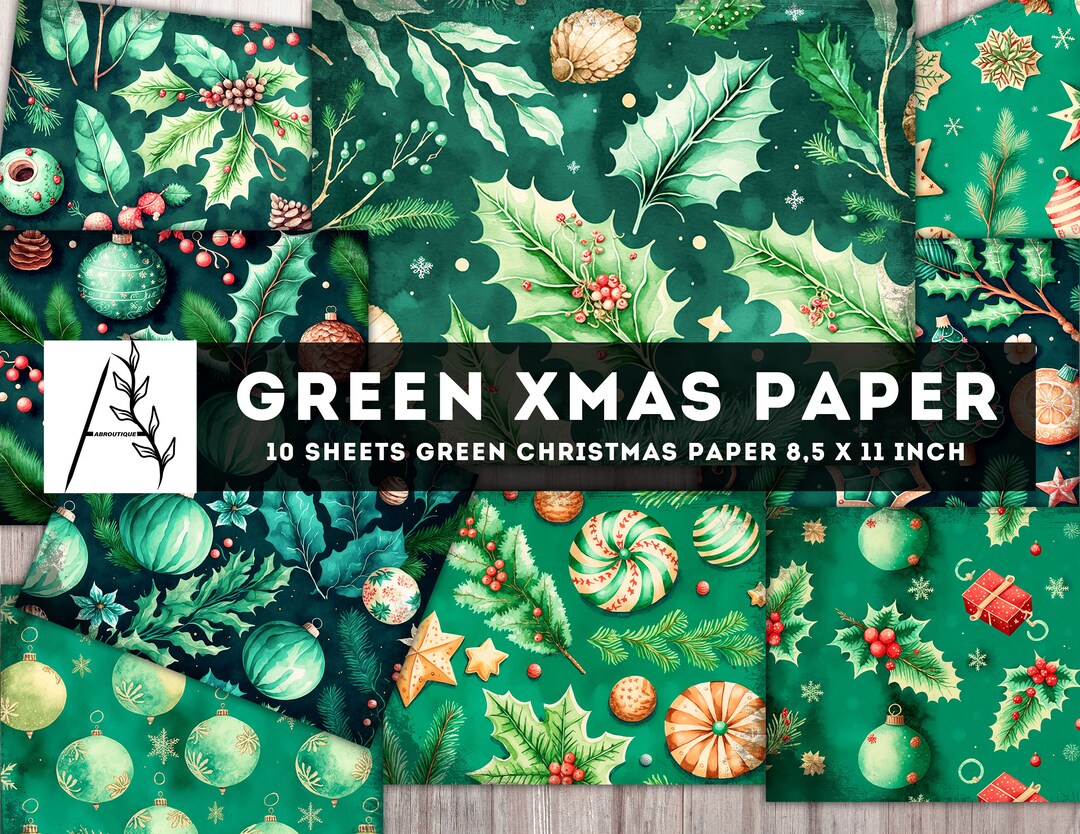 Green Christmas Paper Pack, Junk Journal, Vintage Winter Pages,xmas ...