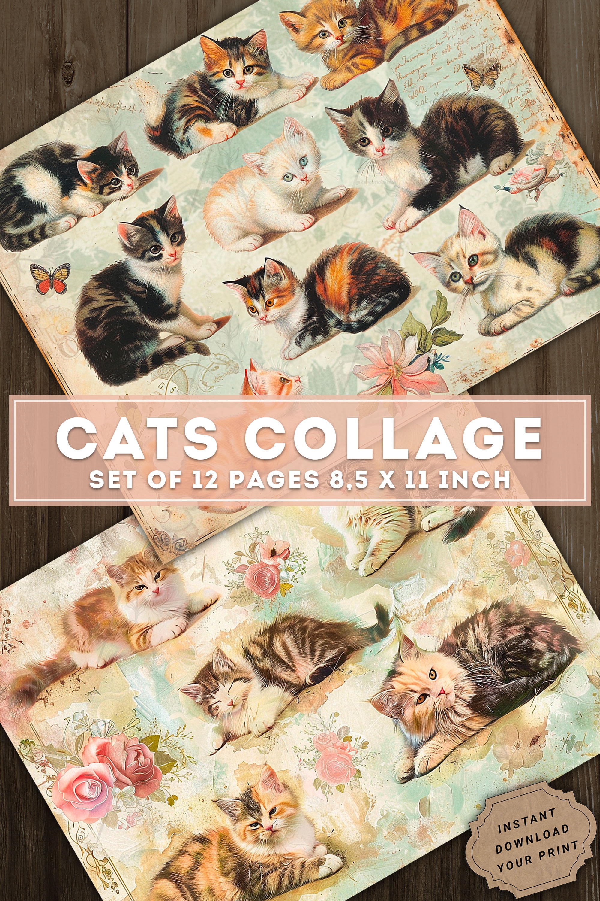 Cats Collage Sheet, Kitten Junk Journal Kit, Vintage Journal Pages ...