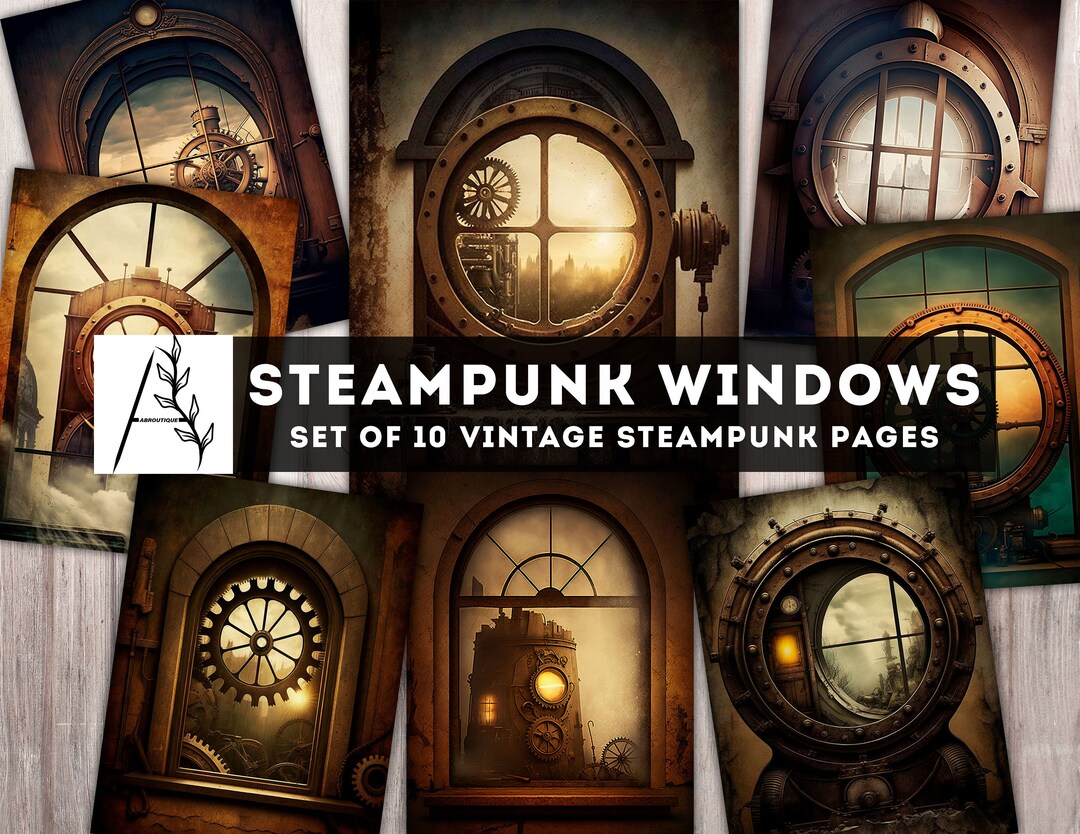 Steampunk Windows, Steampunk Printables, Steampunk Junk Journal Kit, Windows Paper Pack, Digital ...