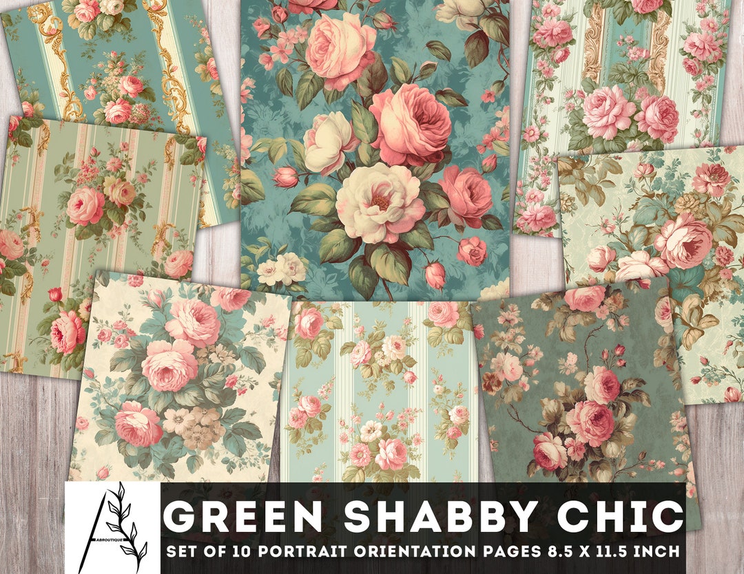 Green Shabby Chic Paper, Shabby Chic Junk Journal, 10 JPG Digital Pages ...