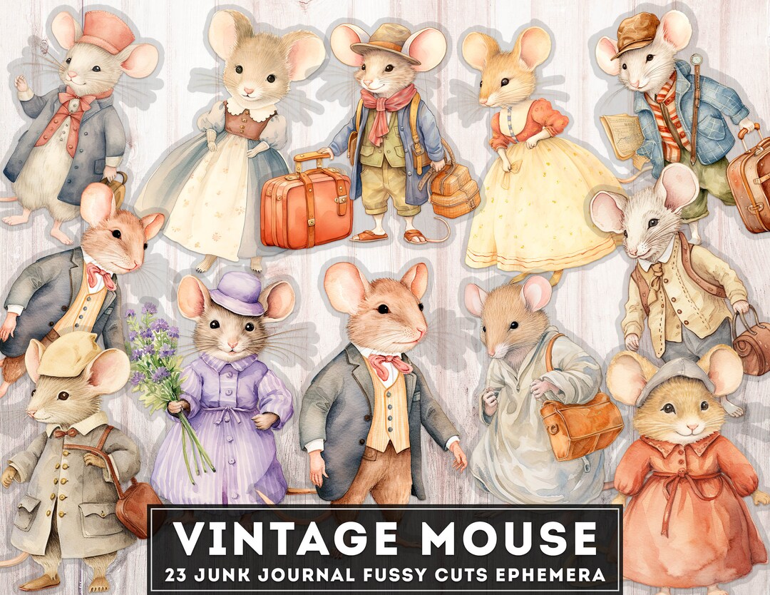 Vintage Mouse Ephemera, Mouse Fussy Cuts, 24 PNG Mouse in Clothes ...