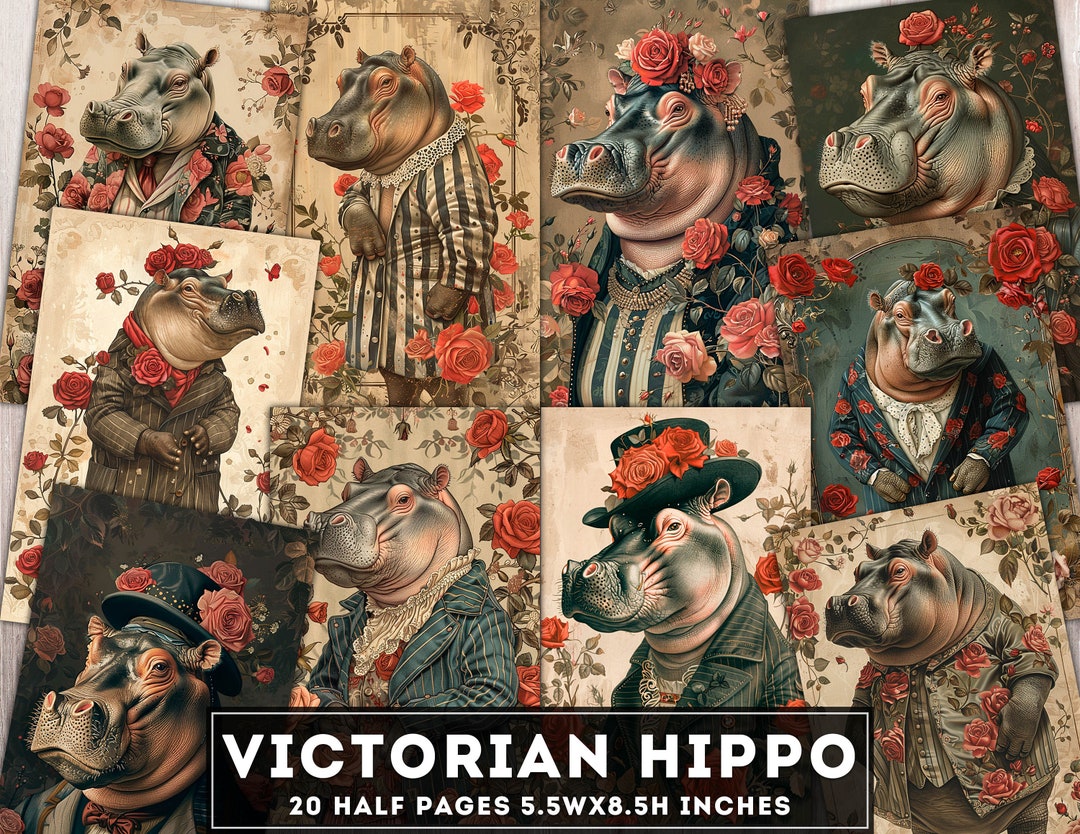 Victorian Hippo Junk Journal Kit, Hippopotamus Half Pages, Vintage ...